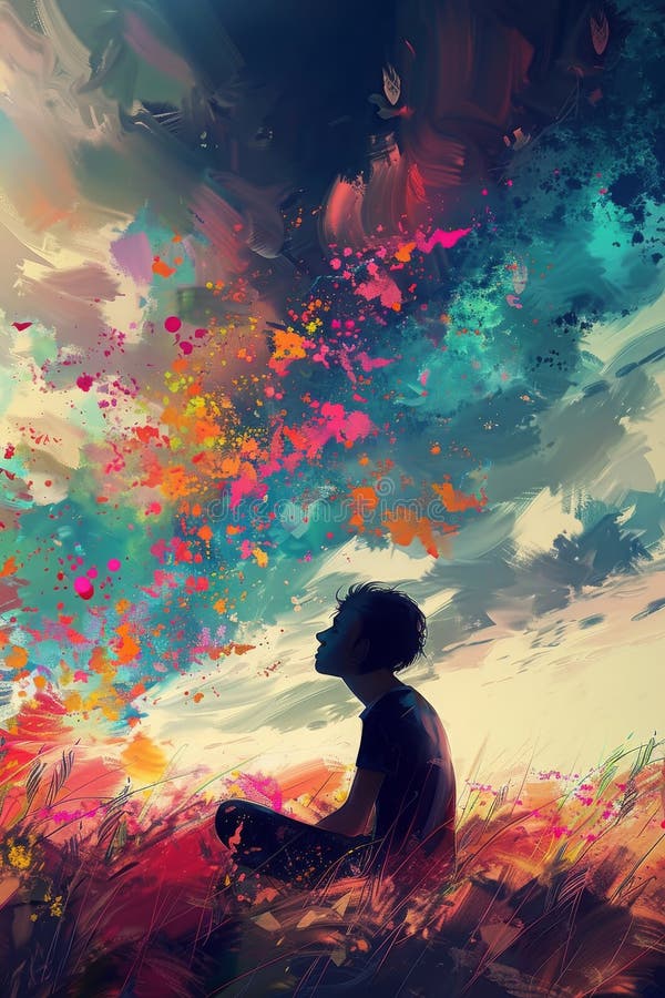 Artistic Representation of a Boy Looking Up at a Vibrant Explosion of ...