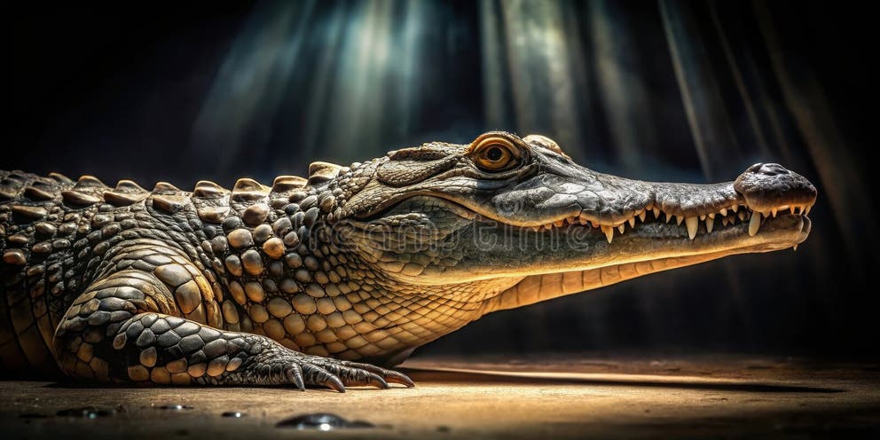 Close-up Profile View of a Young Crocodile, Basking in Dramatic Light ...