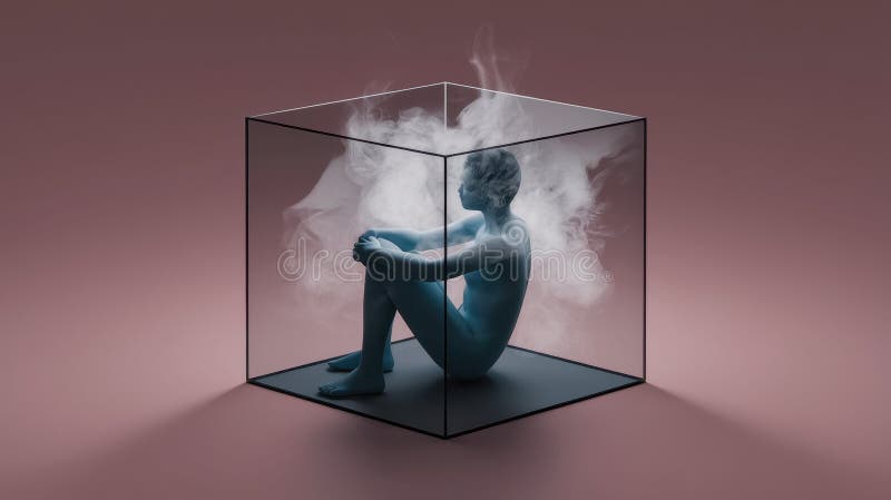A Thoughtful Figure Sits in a Glass Cube, Surrounded by Ethereal Smoke ...