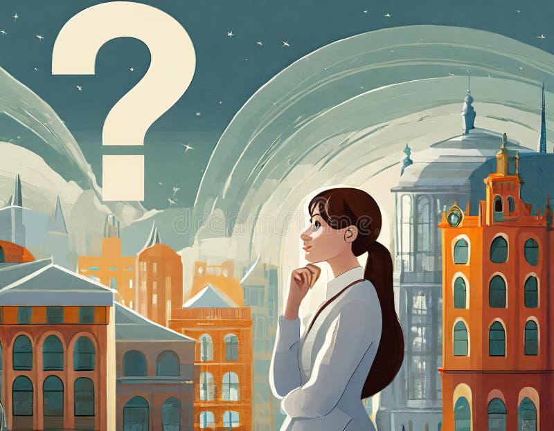 Illustration of a Pensive Woman in a Stylized City with a Giant ...