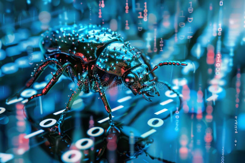 An Artistic Representation Of A Cybernetic Bug Merging With Binary Code Illustrating The