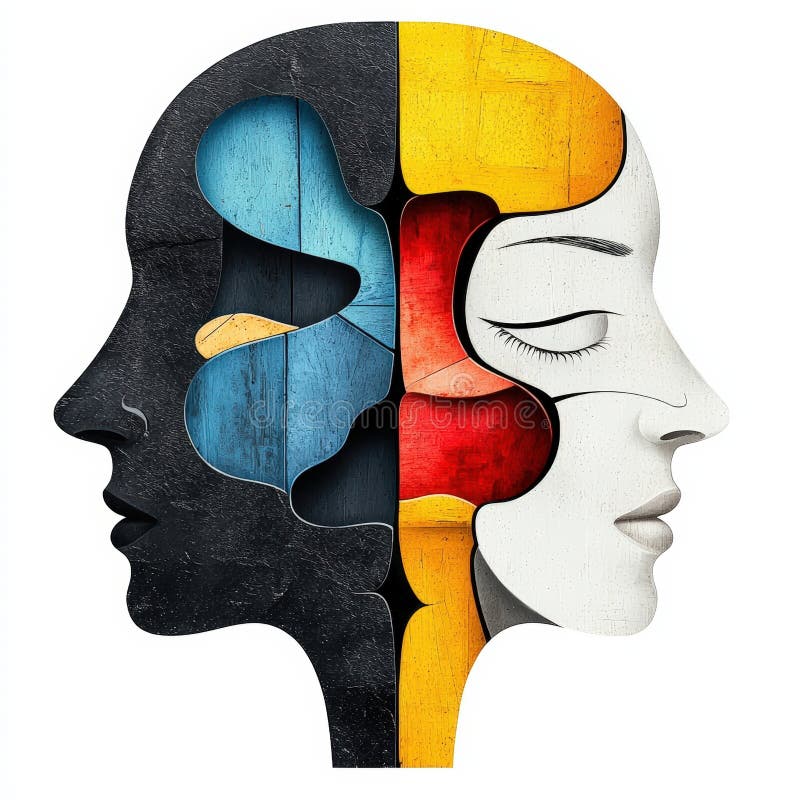 Artistic Representation of Duality Featuring Stylized Faces and Vibrant ...