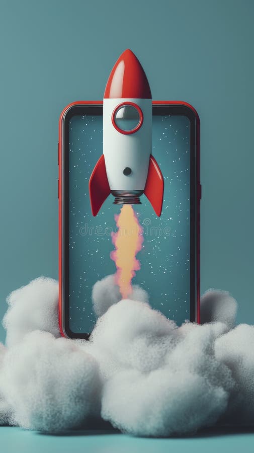 Vintage Styled Rocket Emerging from a Mobile Device Stock Illustration ...