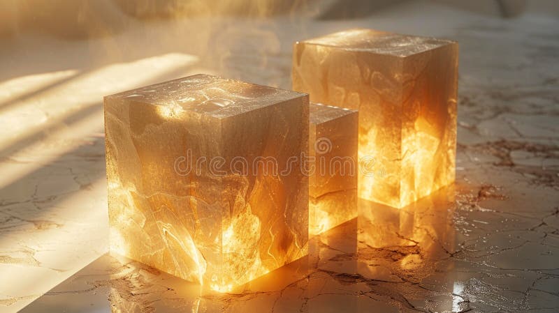 Artistic Representation of Glowing Ice Cubes on a Marble Surface in ...