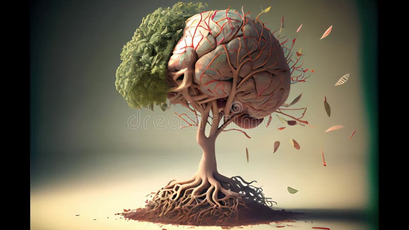 Artistic Representation of a Human Brain As a Tree with Roots, Adorned ...