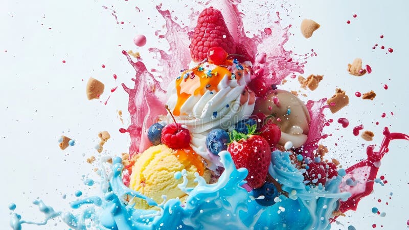 Artistic Representation of Ice Cream Scoops and Toppings in a Splash of ...