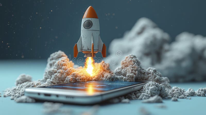Futuristic Rocket Launching from a Phone Screen Stock Illustration ...