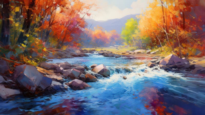 Colorful Autumn River Painting by Nature Artist Stock Illustration ...