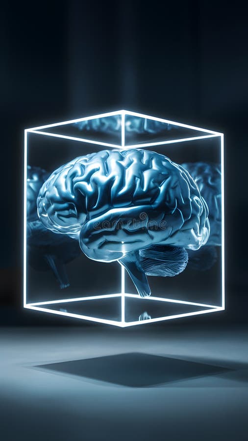 Artistic Representation Metallic Blue Brain Inside Transparent Cube ...