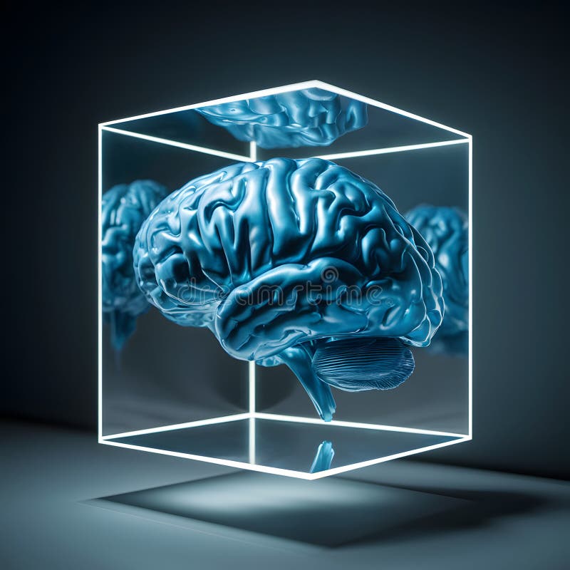 Artistic Representation Metallic Blue Brain Inside Transparent Cube ...