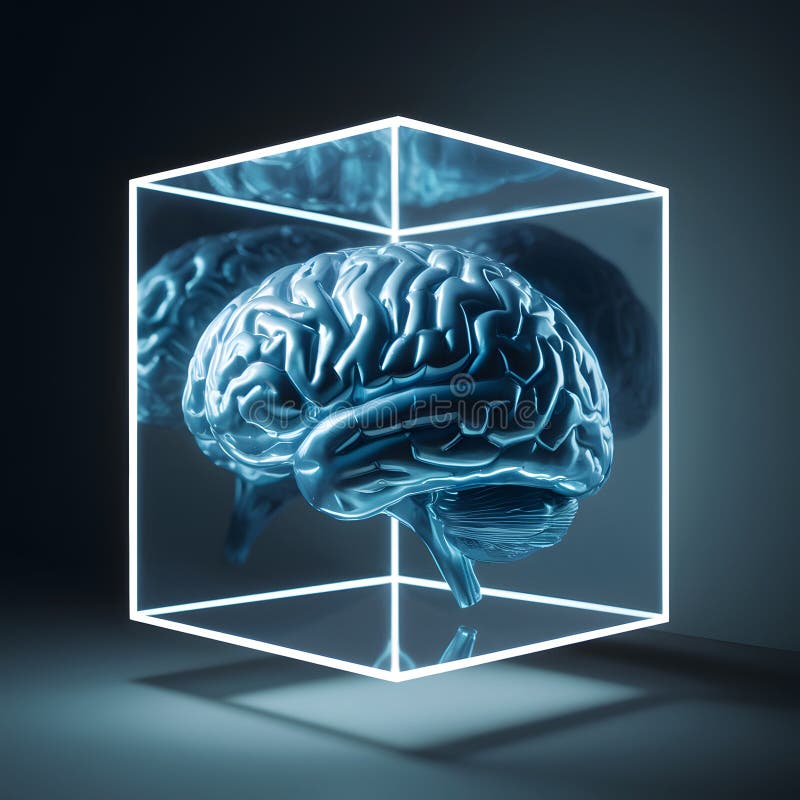 Artistic Representation Metallic Blue Brain Inside Transparent Cube ...