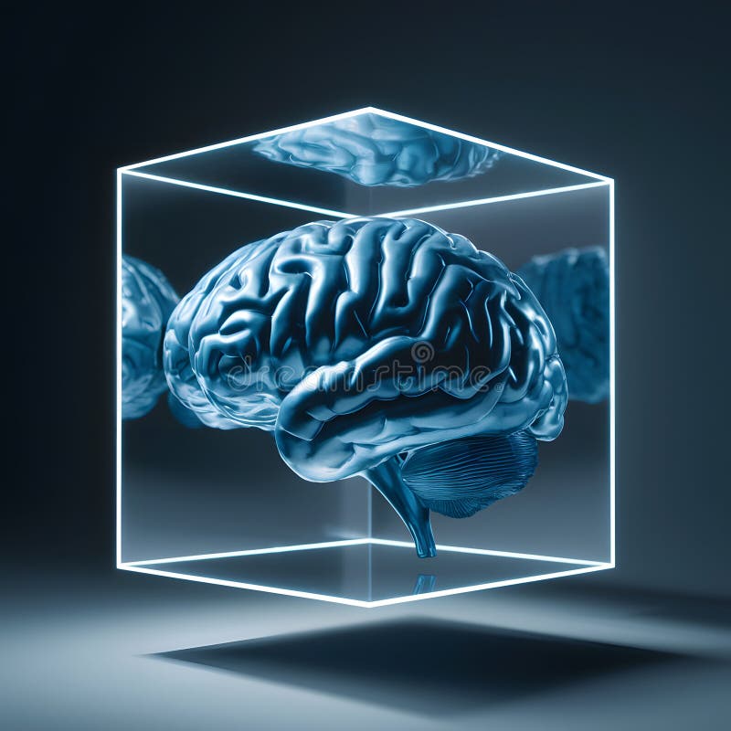 Artistic Representation Metallic Blue Brain Inside Transparent Cube ...