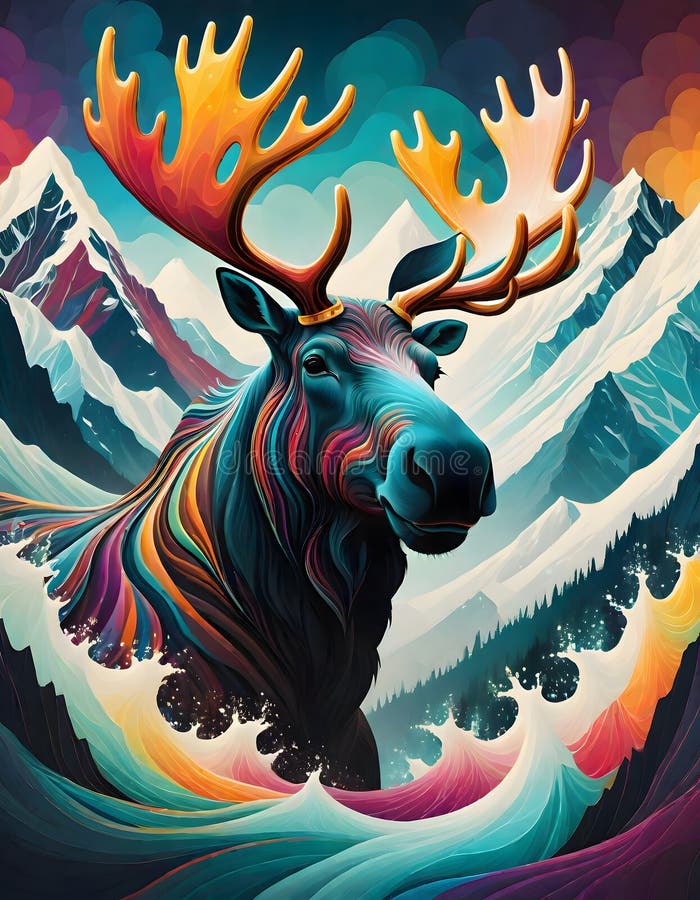 Artistic Representation of Moose with Large Antlers and Colorful Aura ...