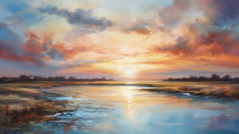 Realistic Sunset Painting Over River: Lively Coastal Landscapes with ...
