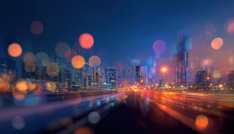 Artistic Representation of Night City Construction with Double Exposure and Lens Flare Creating ...