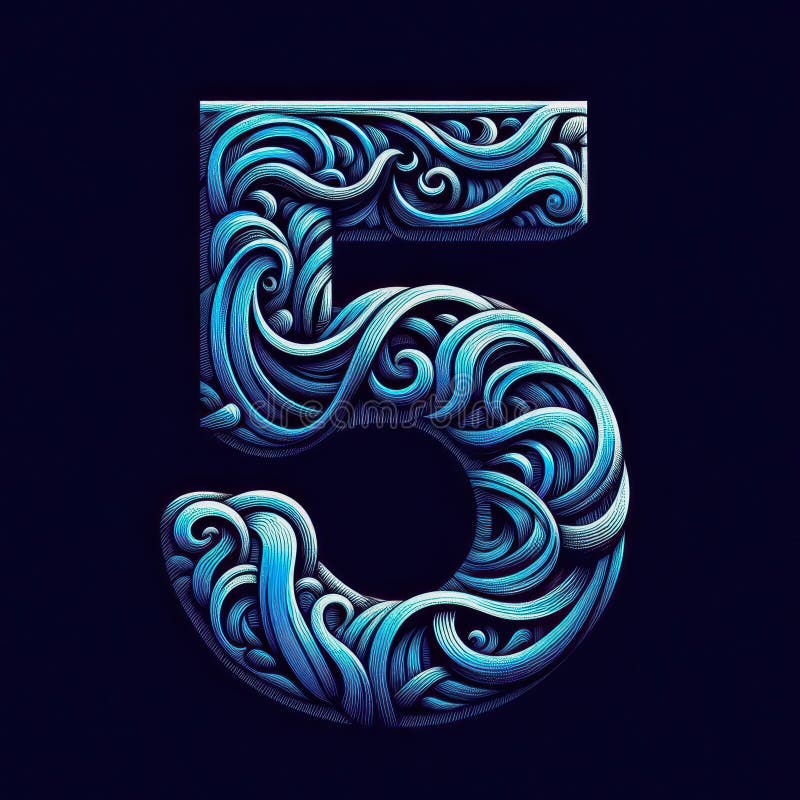 Intricate Blue Number Five Design Featuring Swirling Wave Patterns ...