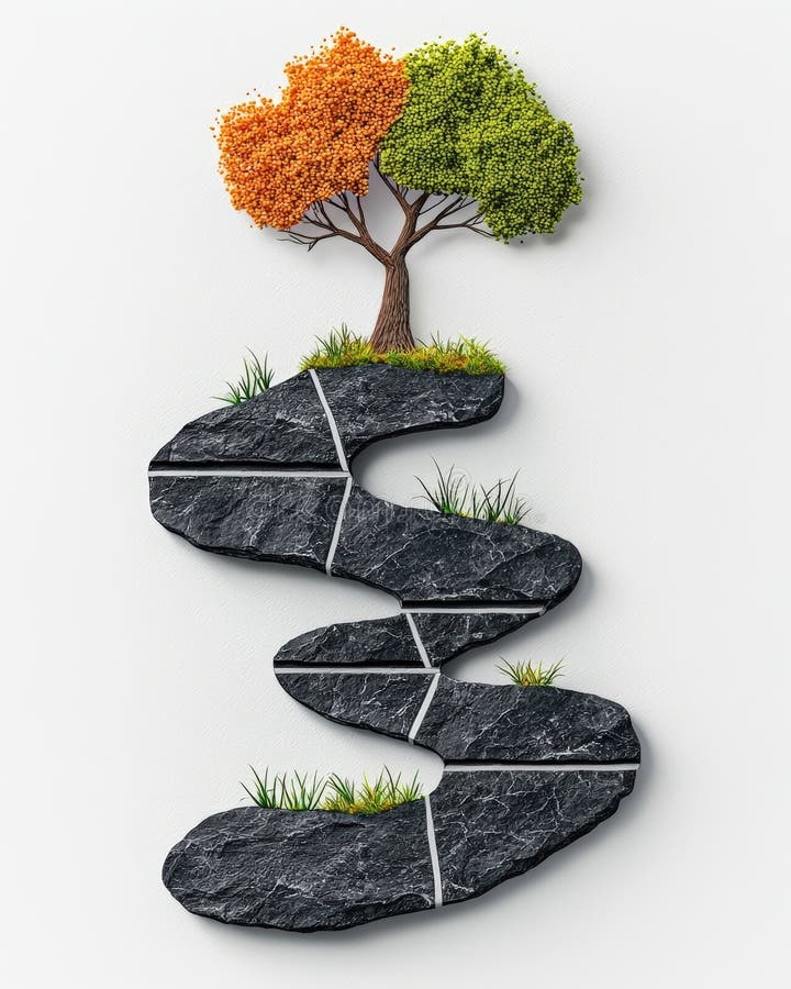 Artistic Representation of Pathway with Tree and Rocks in Minimalist ...