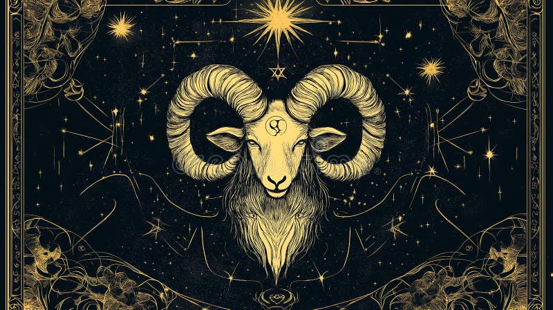 Artistic Representation of a Ram Surrounded by Celestial Symbols and ...