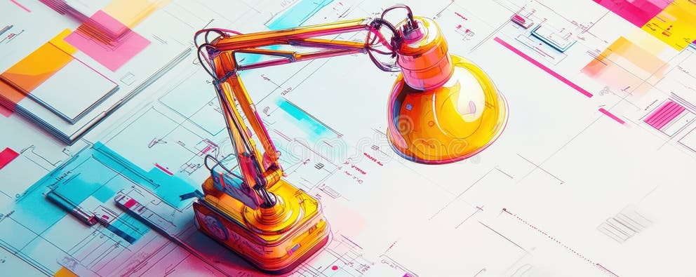 Colorful Robotic Arm Illustrated Amidst Technical Schematics and ...