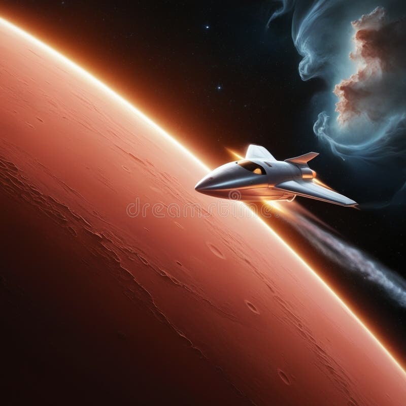 An Artistic Representation of a Rocket Flying High Above a Planet, Set ...