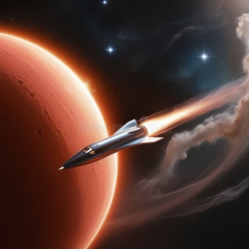 An Artistic Representation of a Rocket Flying High Above a Planet, Set ...