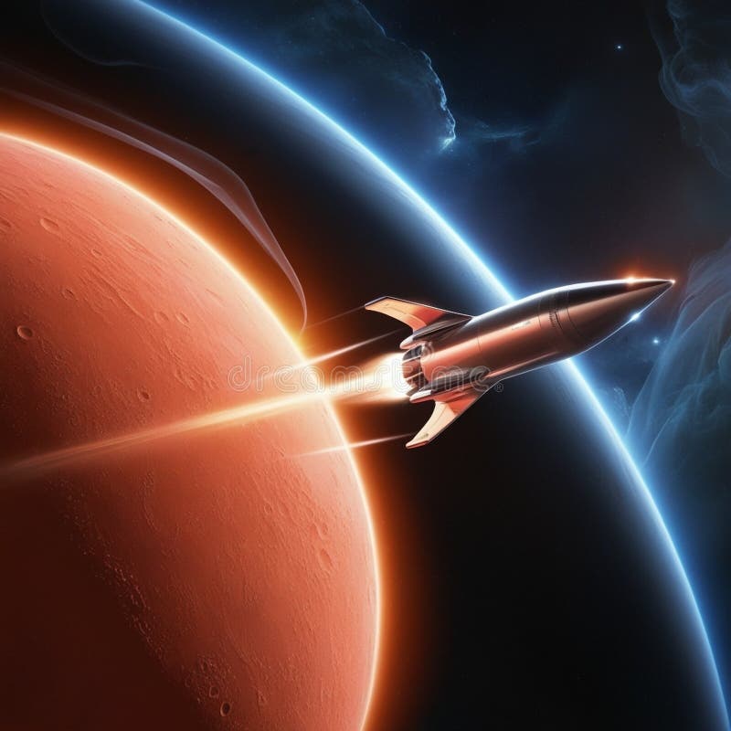 An Artistic Representation of a Rocket Flying High Above a Planet, Set ...