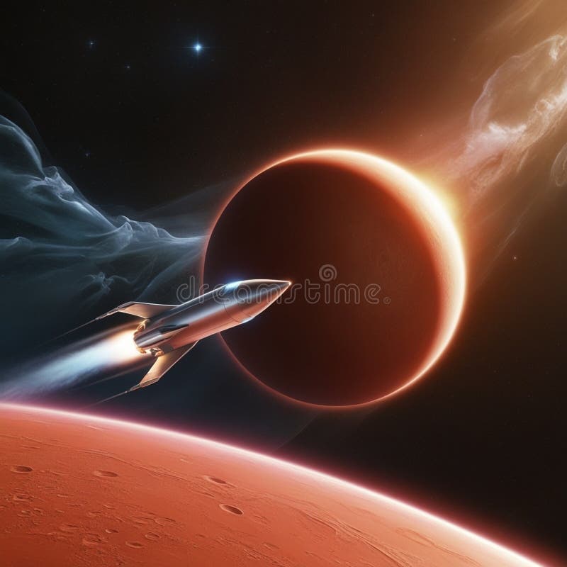 An Artistic Representation of a Rocket Flying High Above a Planet, Set ...