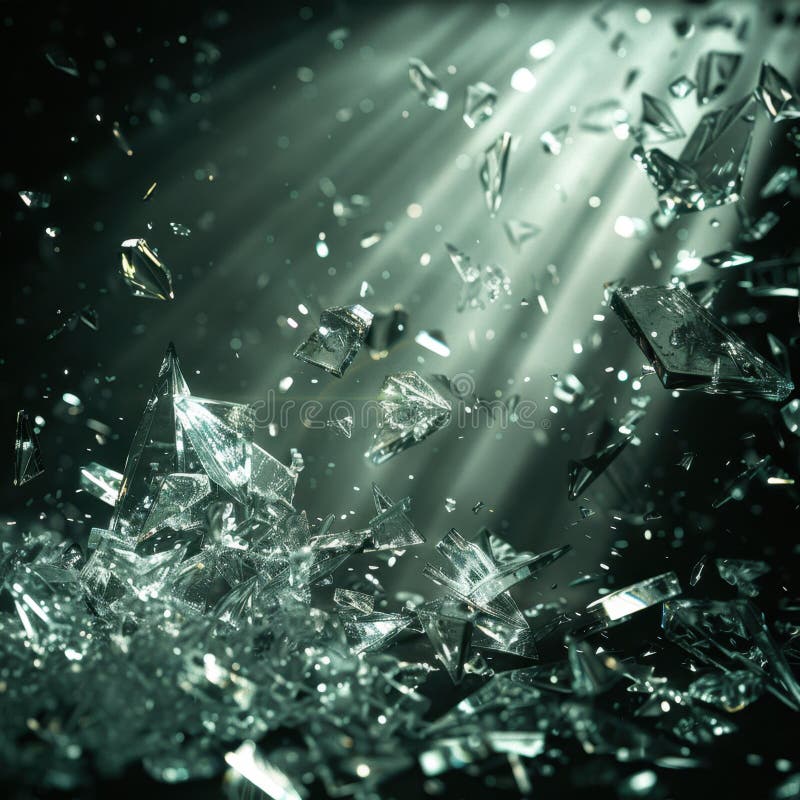 Shattered Glass Pieces Glittering Under Dramatic Light Rays Stock Image ...