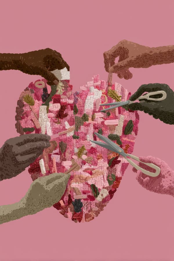 Collaborative Illustration of Hands Repairing a Scattered Pink Heart ...
