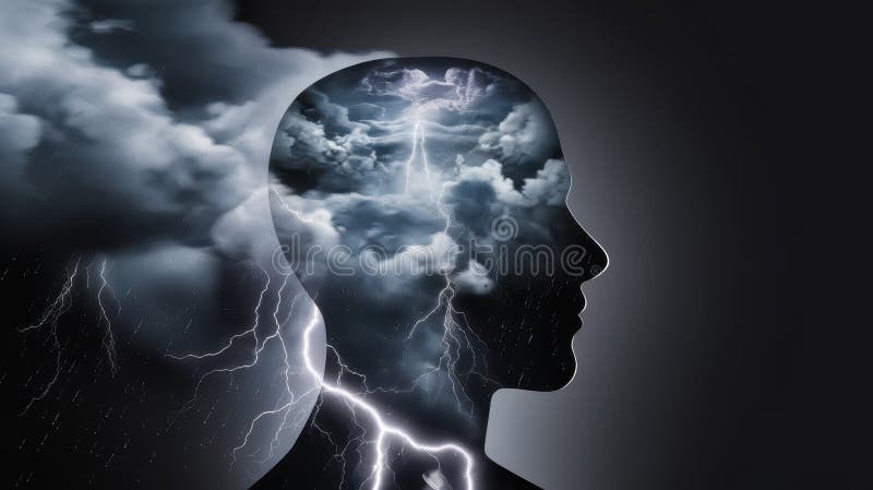 Artistic Representation of a Stormy Mind with Dark Clouds and Lightning in a Human Silhouette ...