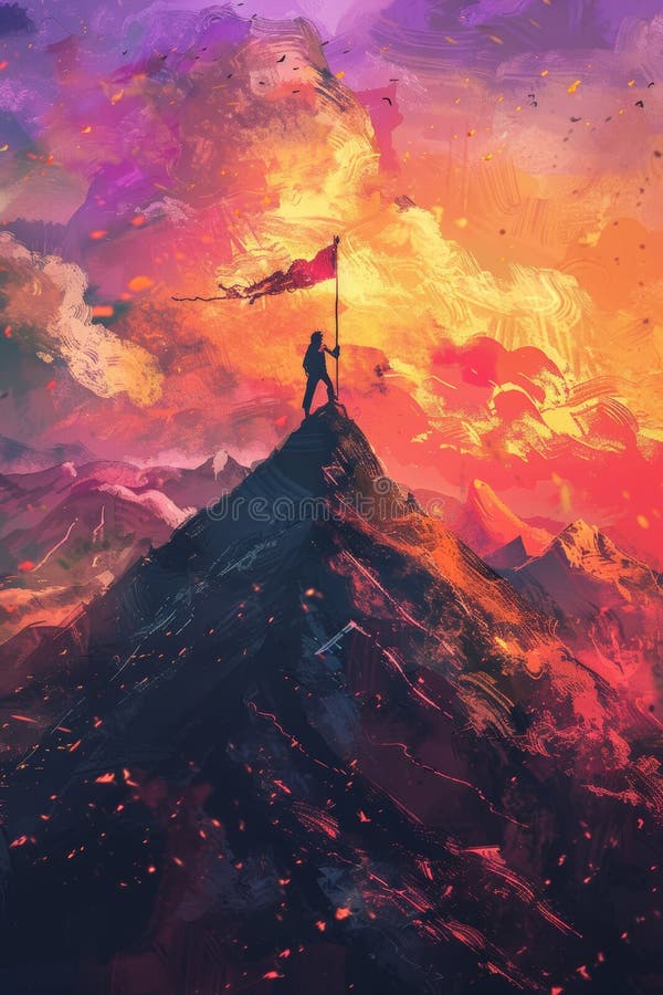 Artistic Representation of Success As a Person Standing on a Peak with ...