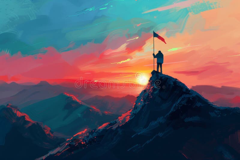 Artistic Representation of Success As a Person Standing on a Peak with ...