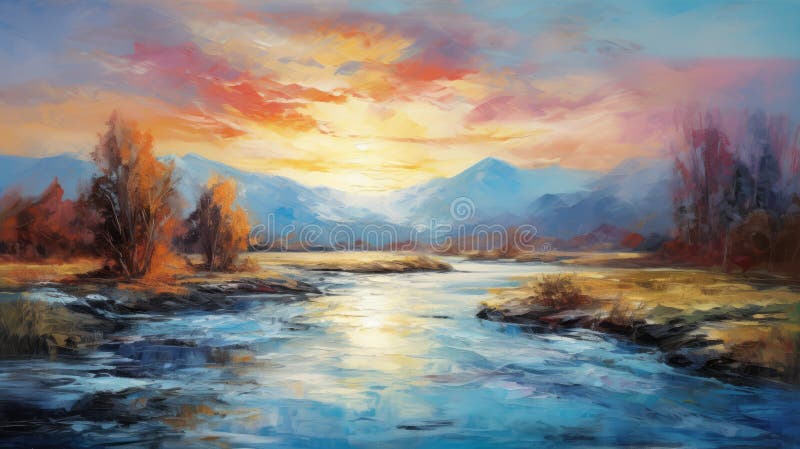 Saturated Palette: Serene Mountain River Sunset Painting Stock ...