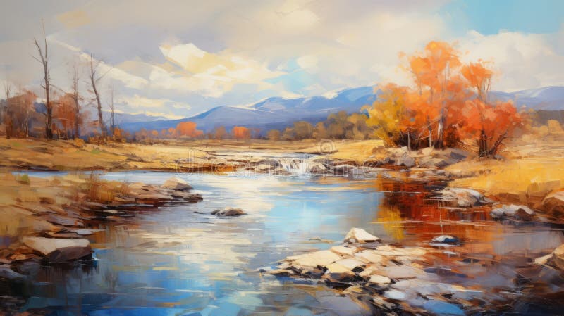 Autumn River Painting: Realistic Landscape with Mountains in Soft Edges ...