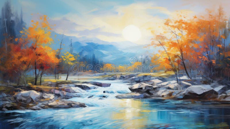 Autumn Stream: Realistic Oil Painting with Hyper-detailed Rendering ...
