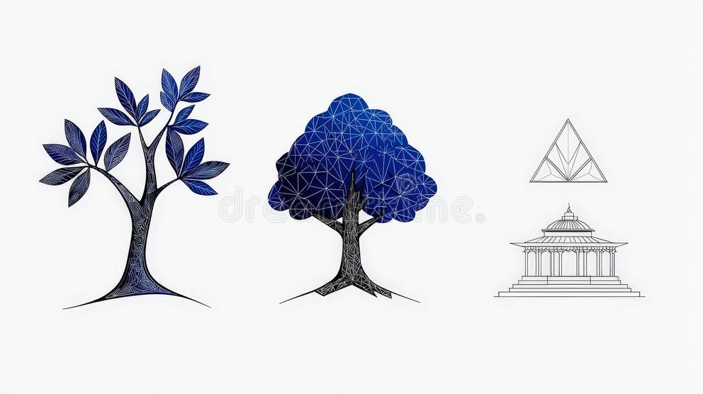 Artistic Representation of Three Abstract Tree Designs with Geometric Patterns and Symbols Stock ...