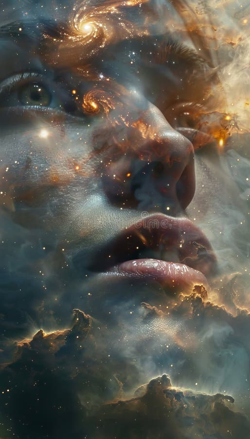 Artistic Representation of a Tranquil Face Reflecting a Majestic Galaxy ...