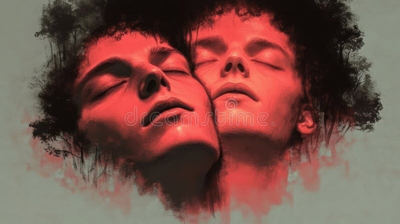 Artistic Representation of Two Faces Merging in a Surreal, Red-toned ...
