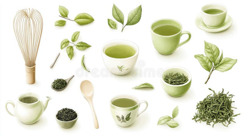 Artistic Representation of Various Tea Preparation Elements Including ...