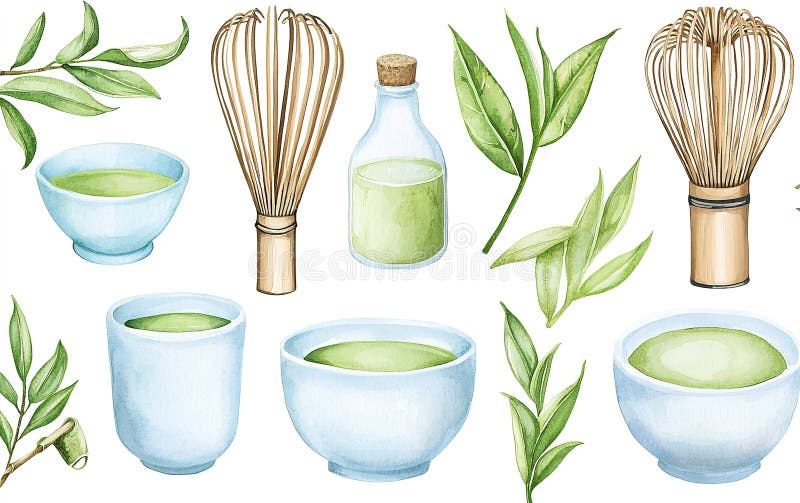 Artistic Representation of Various Tea Preparation Elements Including ...