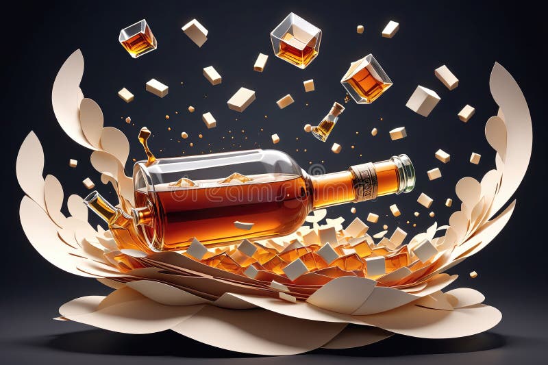 An Artistic Representation of Whiskey Bottles with Ice Cubes on Paper ...