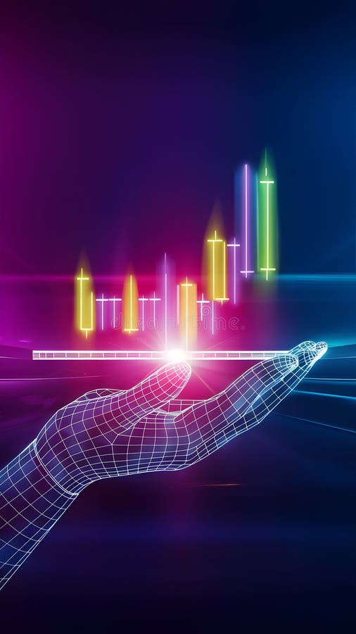 Artistic Representation Wireframe Hand Holding Neon Candlestick Chart ...