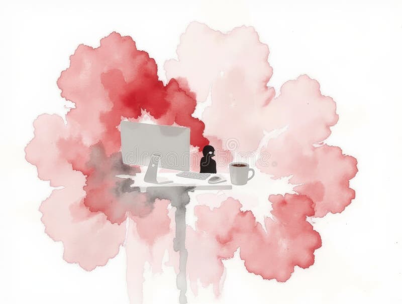 Stylized Workspace Art: Person at Desk with Computer, Keyboard, Mouse ...