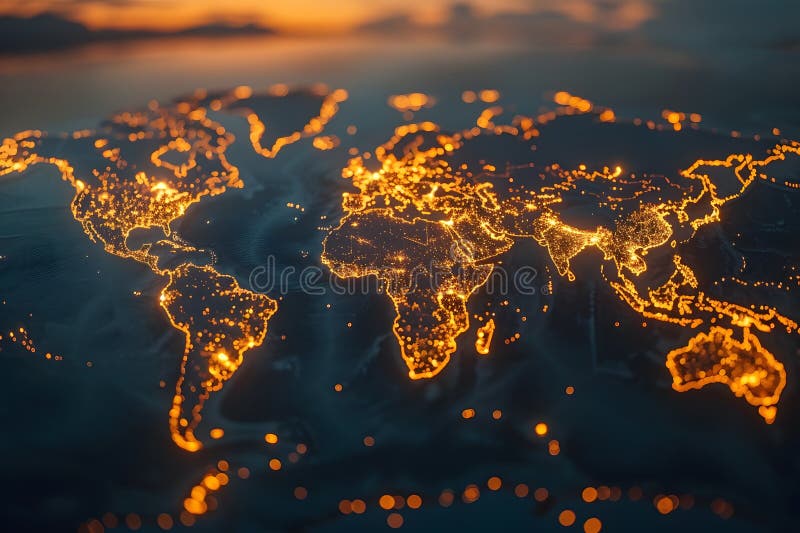 Global Connectivity: Illuminated World Map with City Lights at Dusk ...