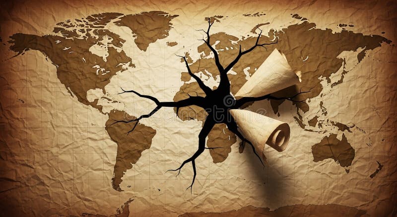 Cracked World Map with Unfurled Scrolls Stock Illustration - Illustration of cartography ...