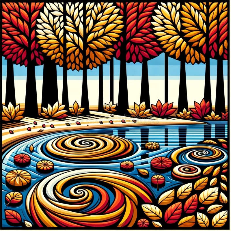 An Artistic Scene Along the Riverbank, with Fallen Leaves Arranged in ...