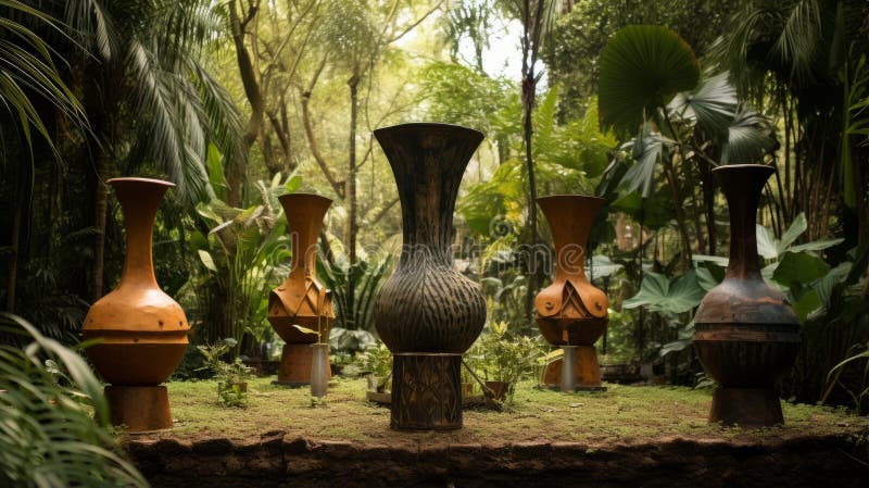 Artistic Sculptures in a Botanical Oasis Stock Illustration ...