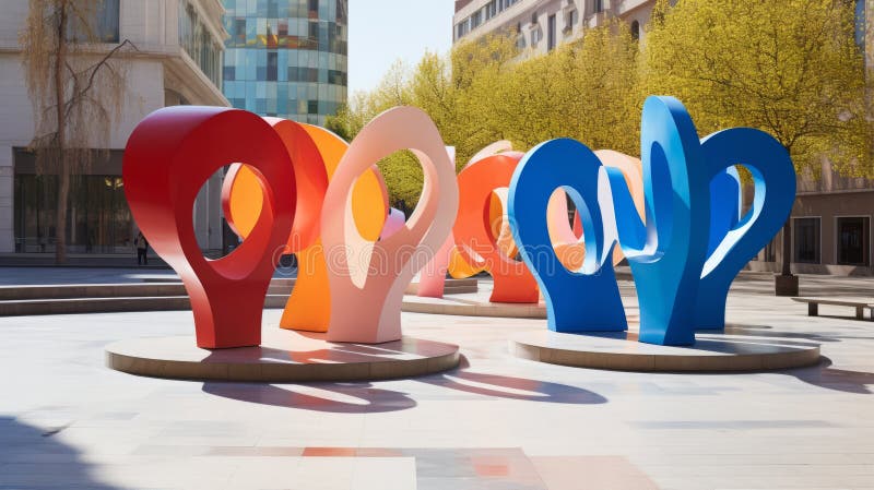 Artistic Sculptures in a Vibrant Public Square Stock Illustration ...