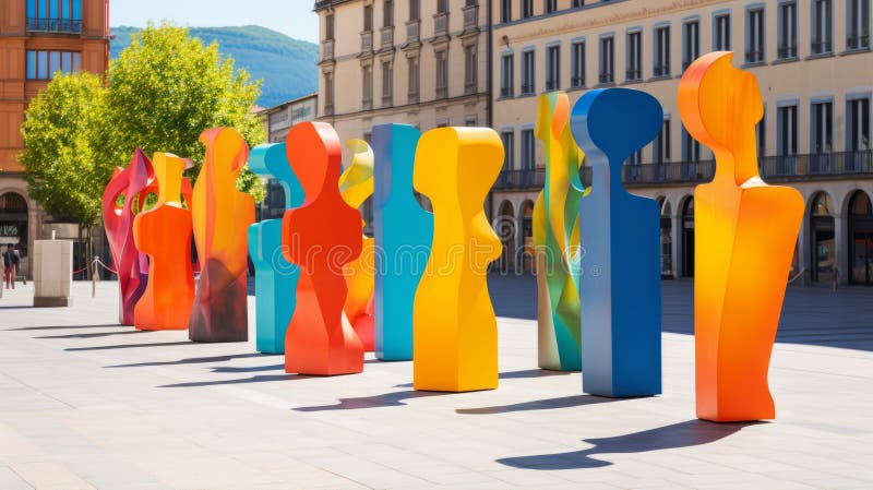 Artistic Sculptures in a Vibrant Public Square Stock Illustration ...