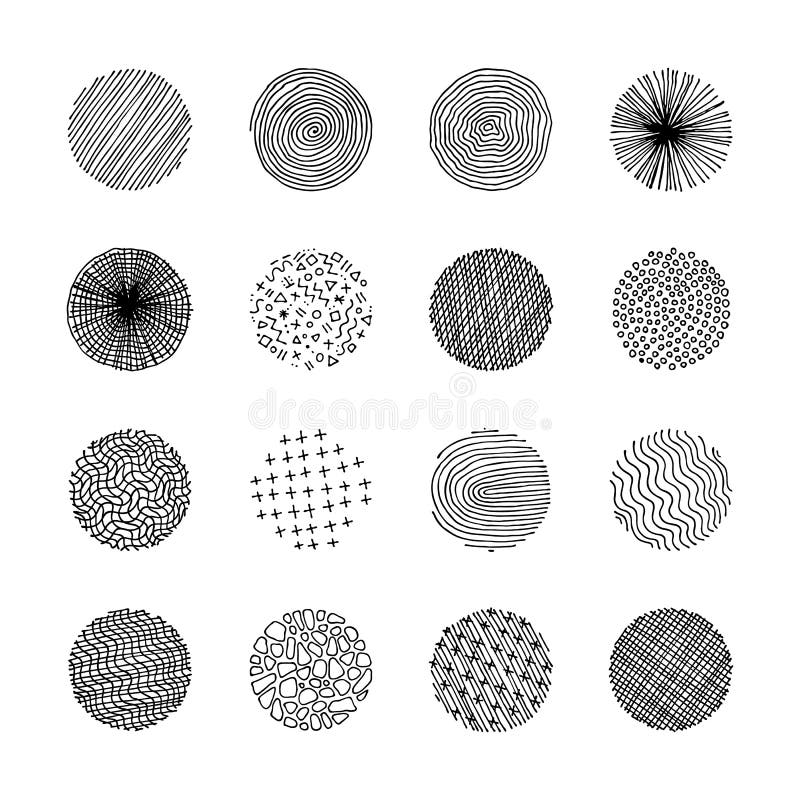 Artistic Set of Handcrafted Design Circle Elements. Wavy Line Textures ...
